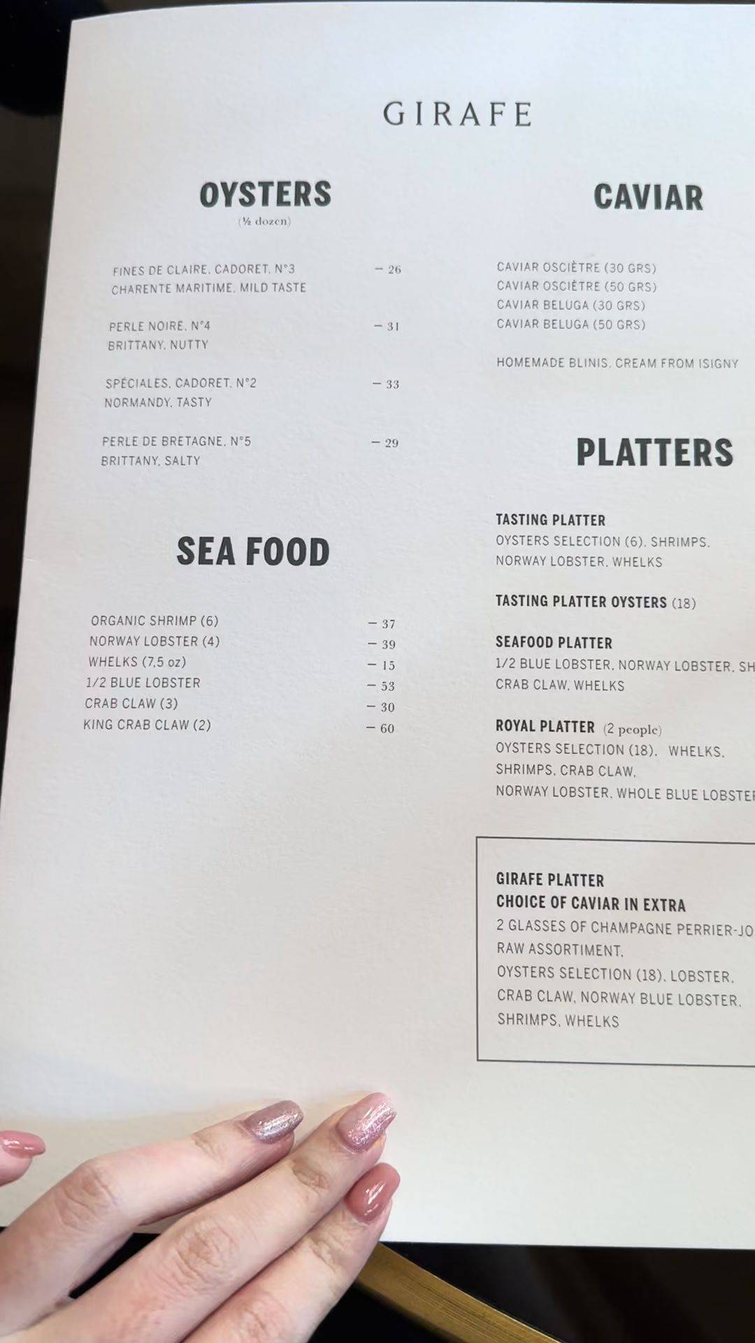 Menu at Girafe Restaurant, Paris
