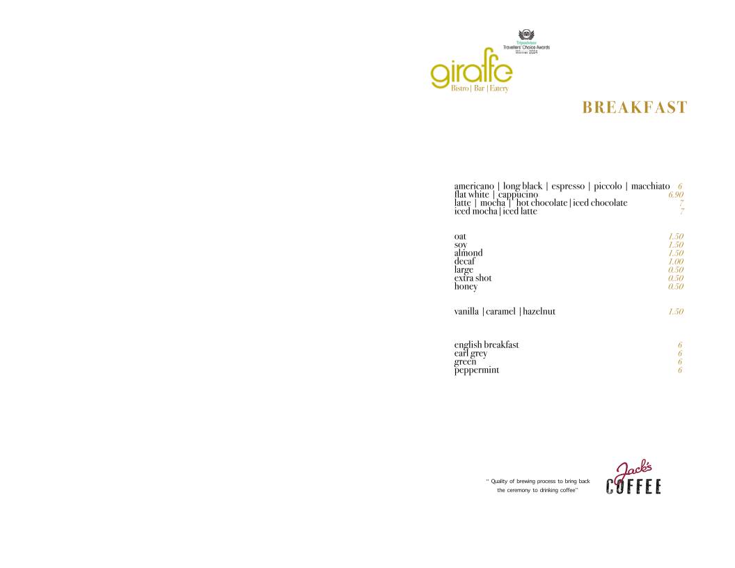 Menu at Giraffe restaurant, Auckland