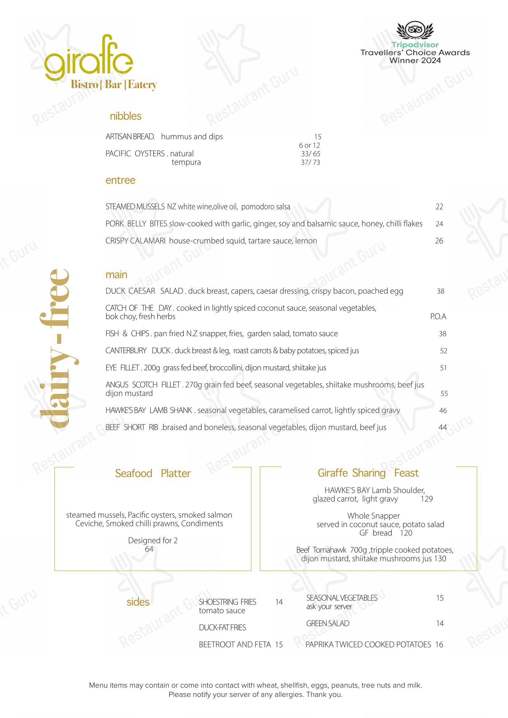 Menu at Giraffe restaurant, Auckland