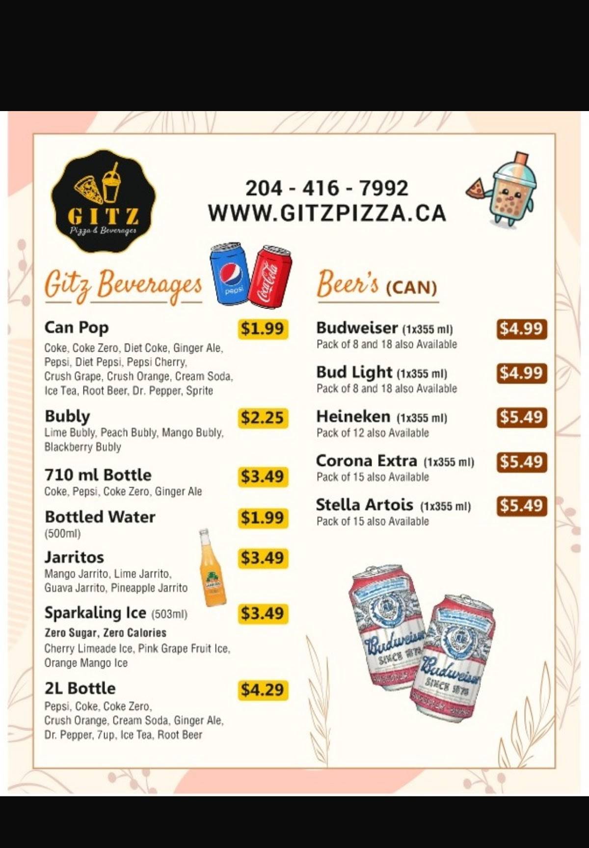 Menu at Gitz Pizza & Beverages restaurant, Winnipeg