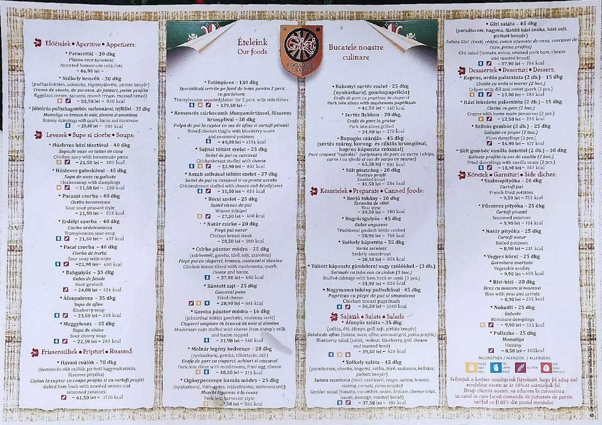Menu at Gizi Csárda, Odorheiu Secuiesc