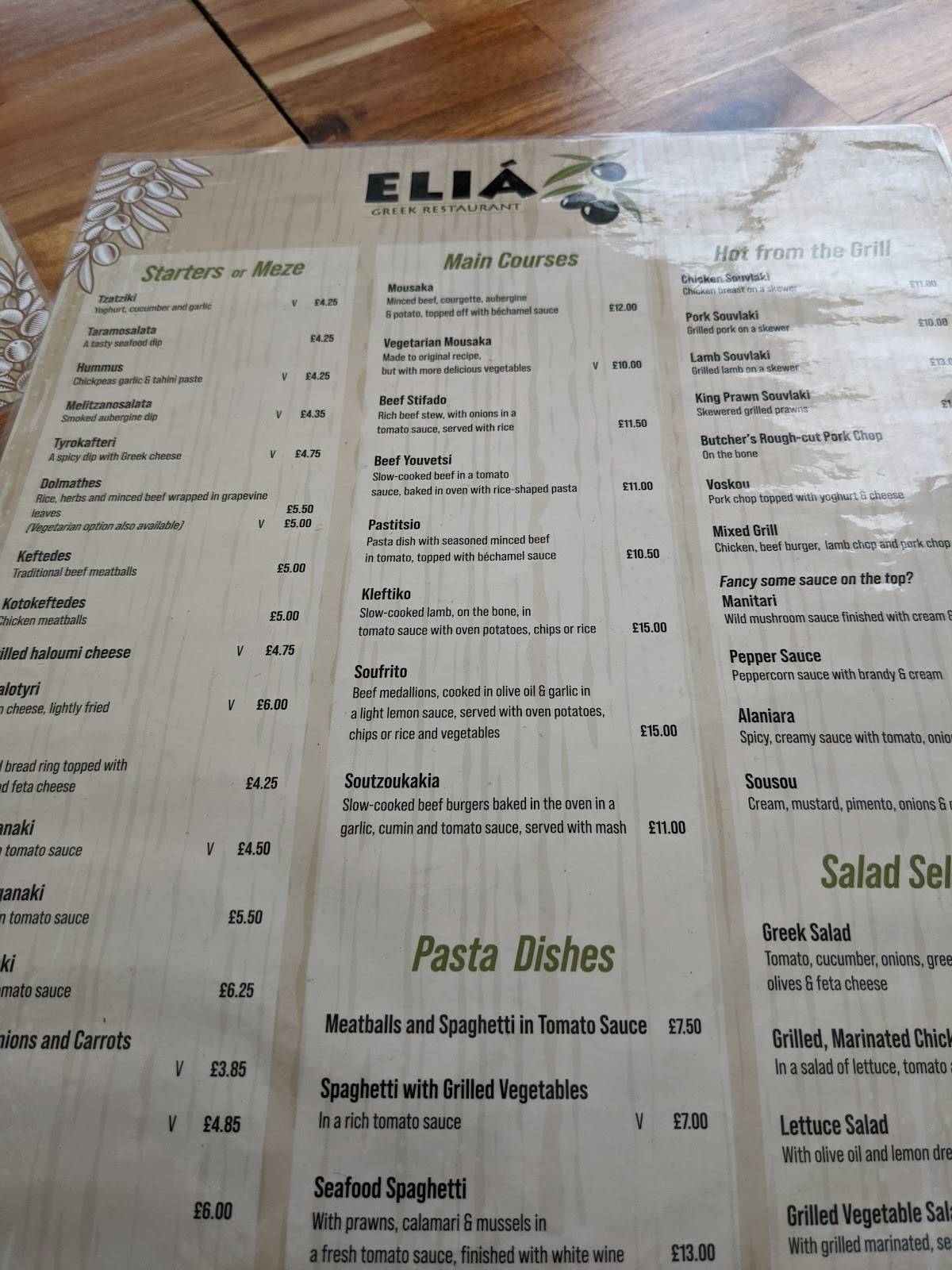 Menu at Elia Greek Restaurant, Glasgow