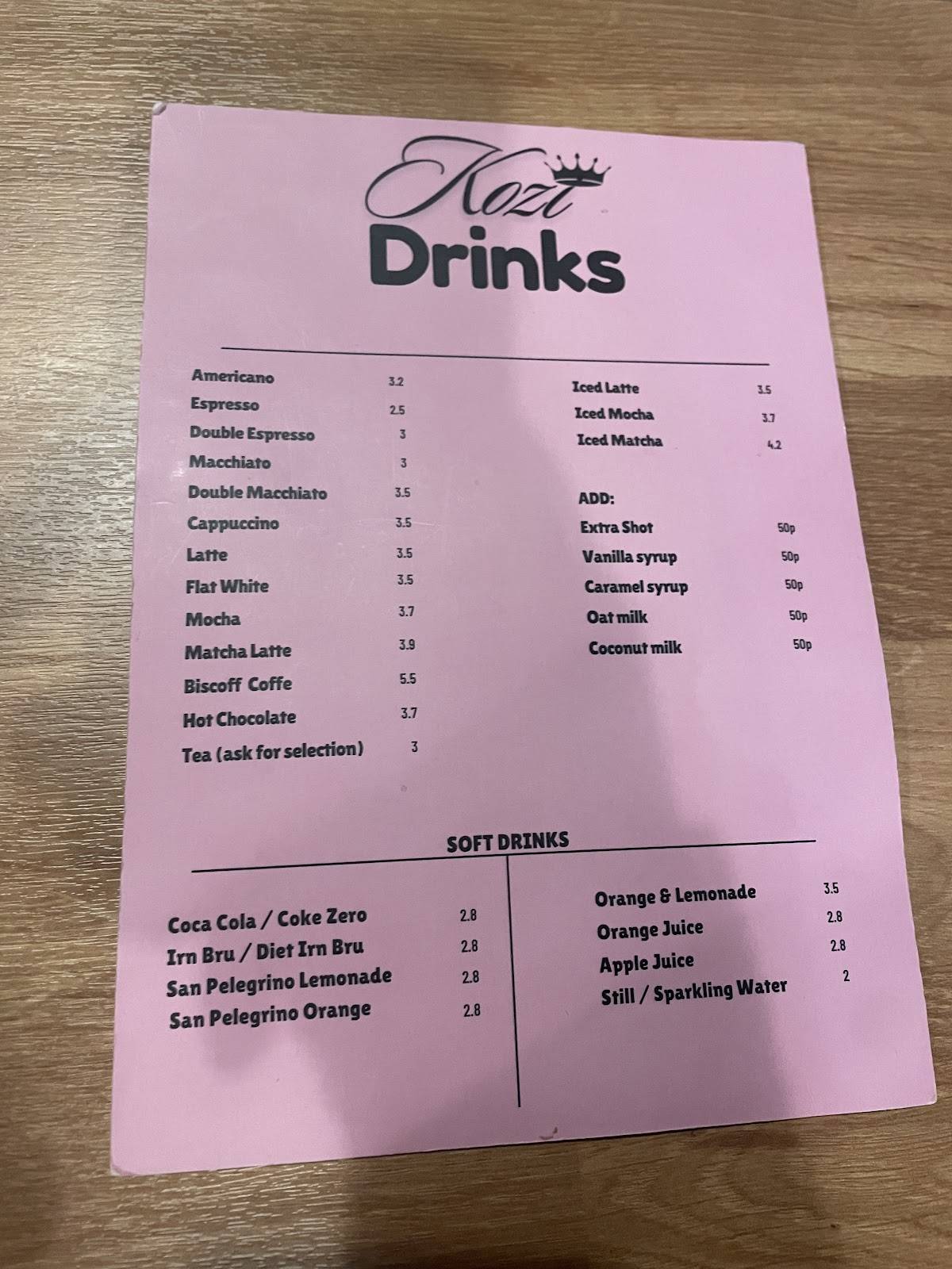 Menu at Kozi Cafe, Glasgow