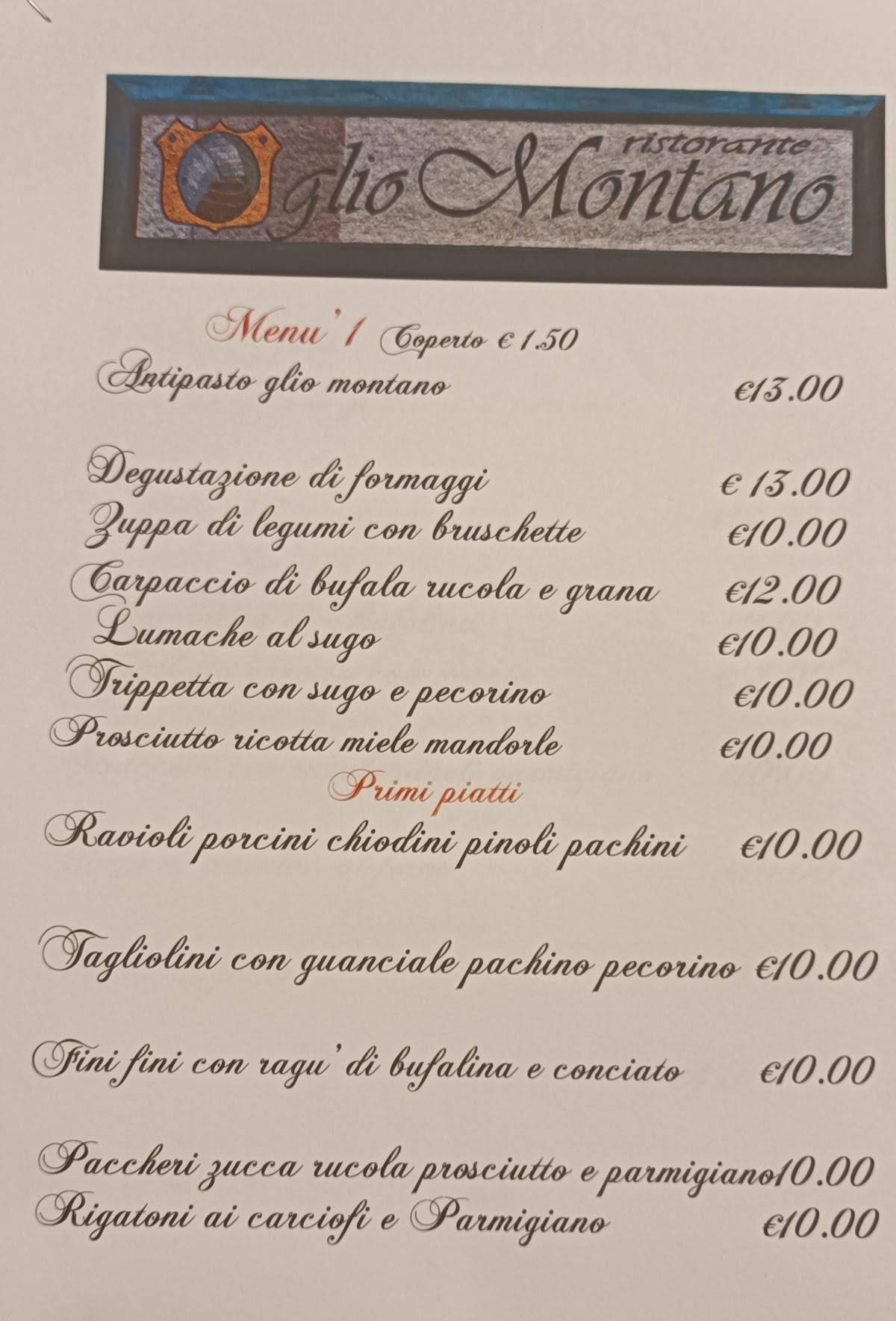Menu da Glio Montano ristorante, Priverno