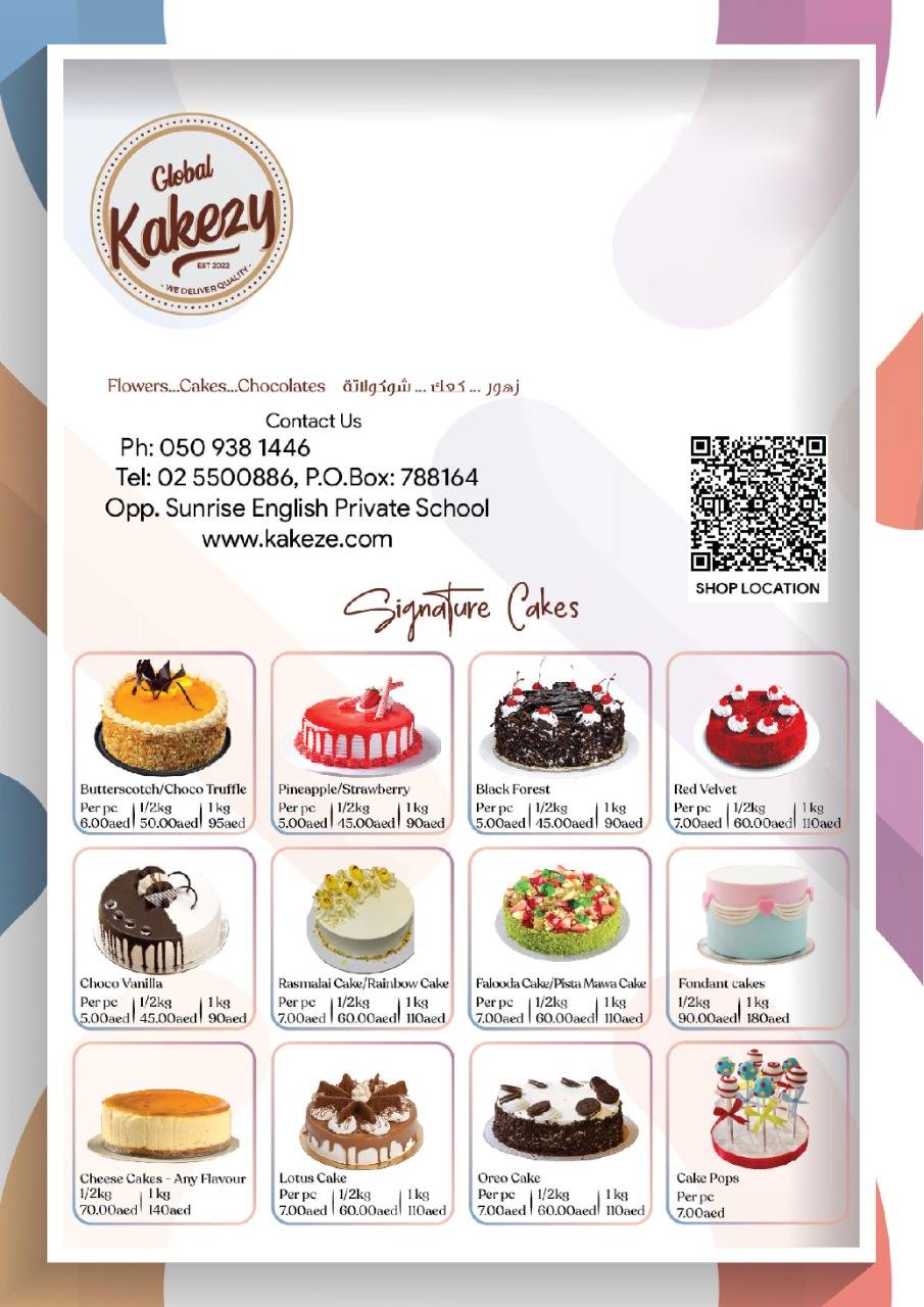 Menu at Global Kakezy sweets and pastries, Abu Dhabi