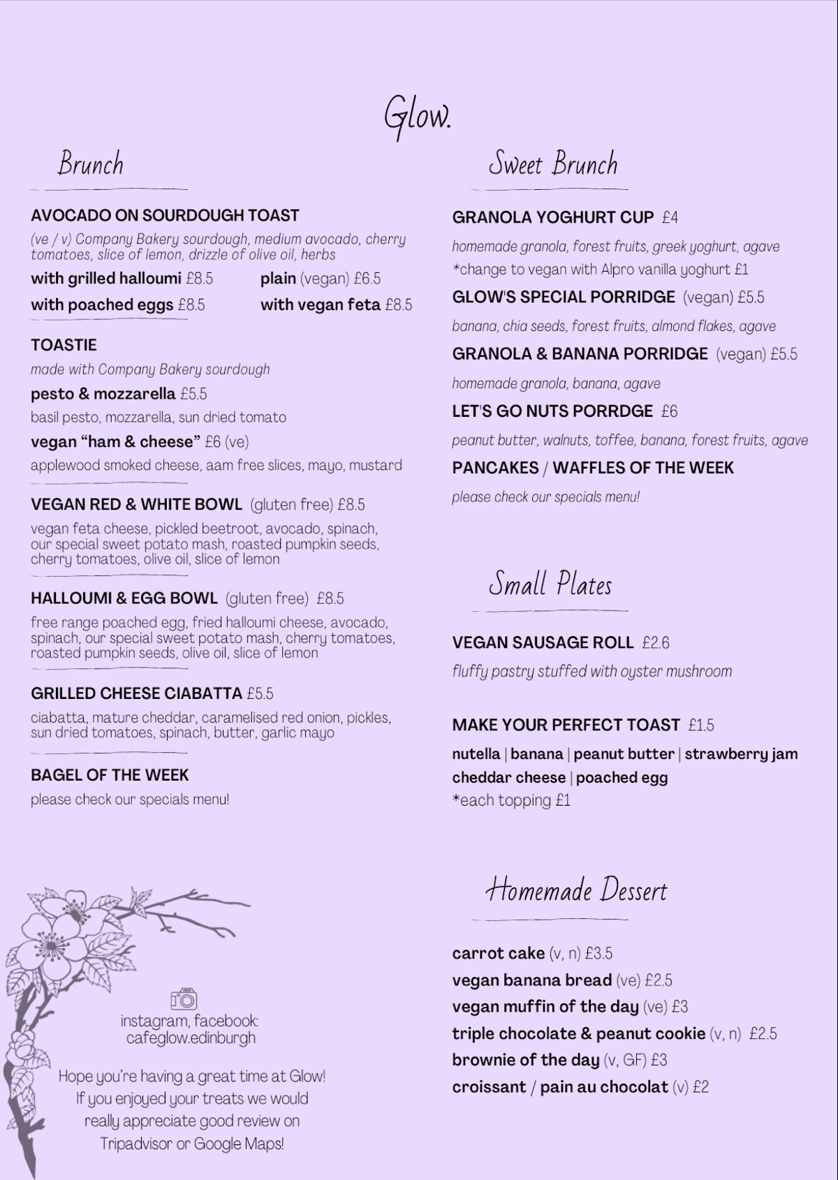 Menu at Glow Cafe, Edinburgh