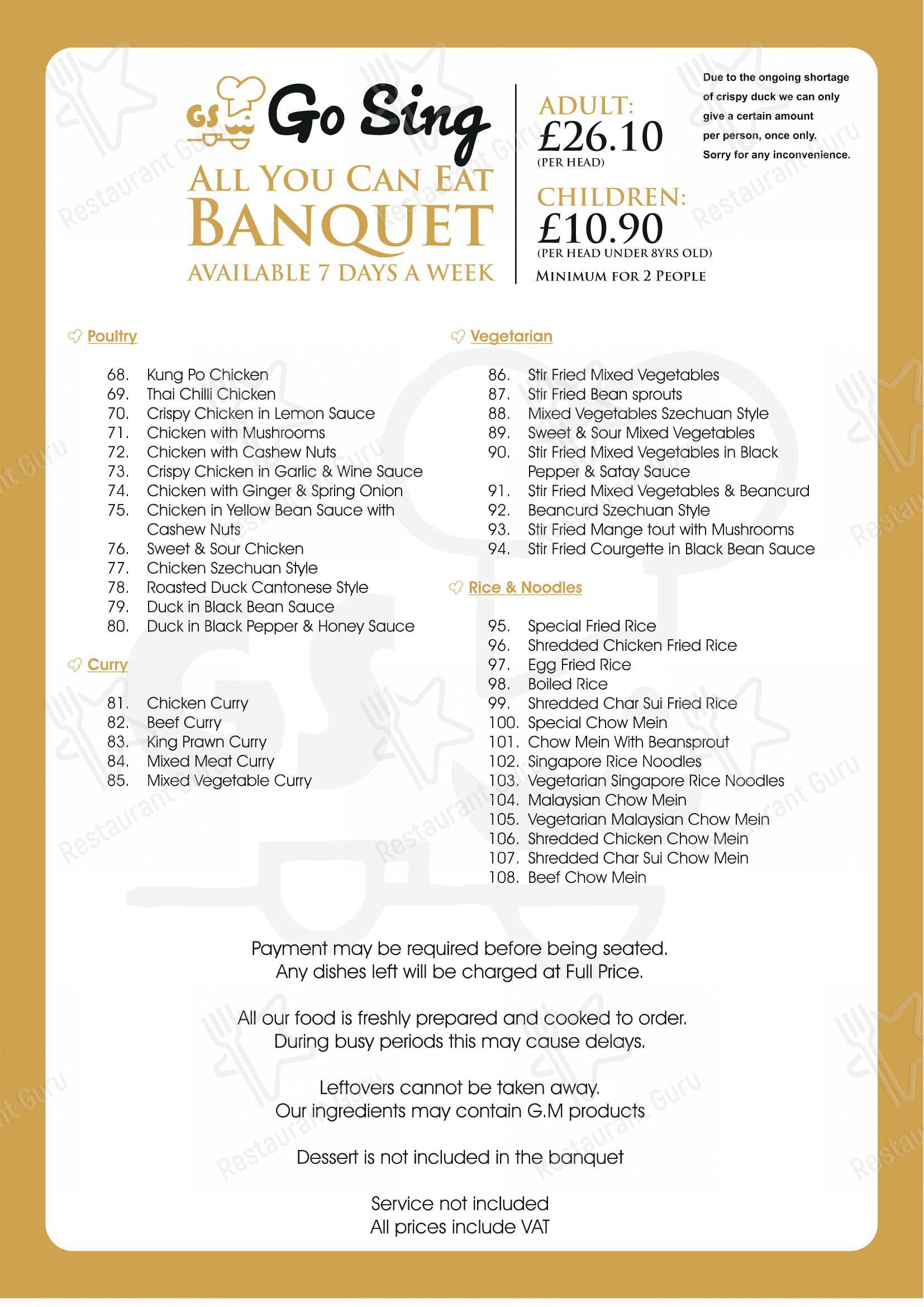 Menu at Go Sing restaurant, West Drayton, 22 Station Rd