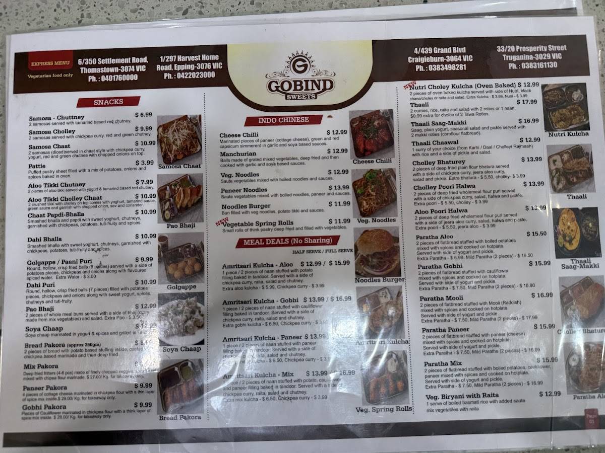 Menu at Gobind Sweets restaurant, Truganina