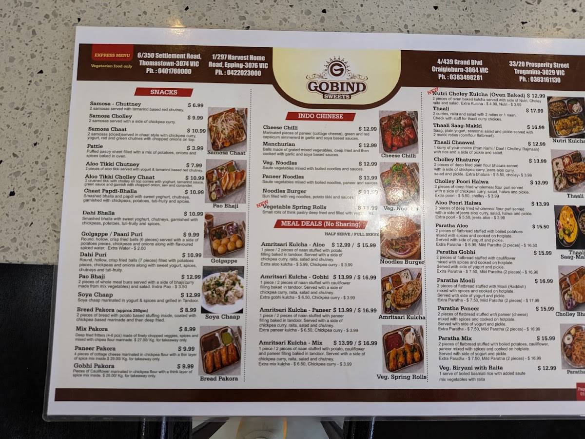 Menu at Gobind Sweets restaurant, Truganina
