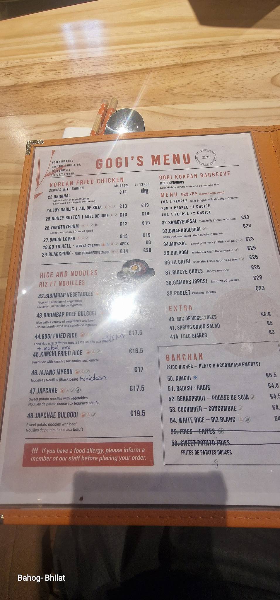 Menu au Gogi Korean BBQ, Bruxelles