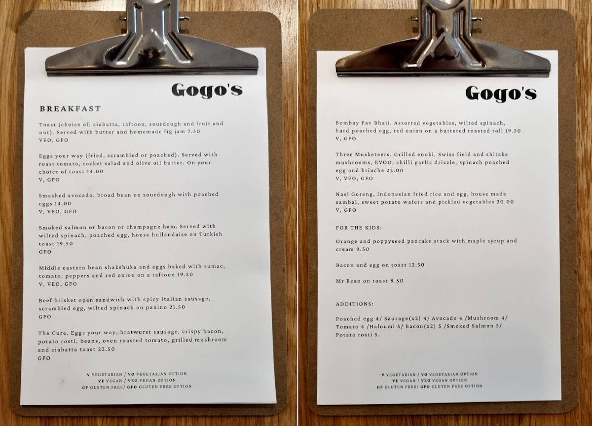 Menu at Gogo's restaurant, South Perth
