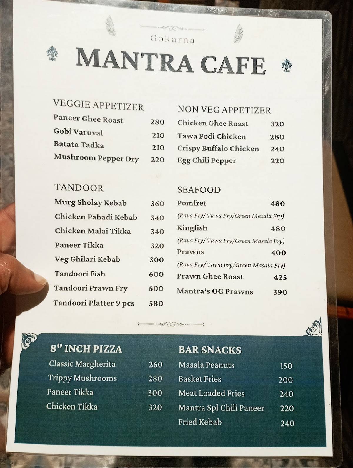 Menu at Mantra Cafe, Gokarna