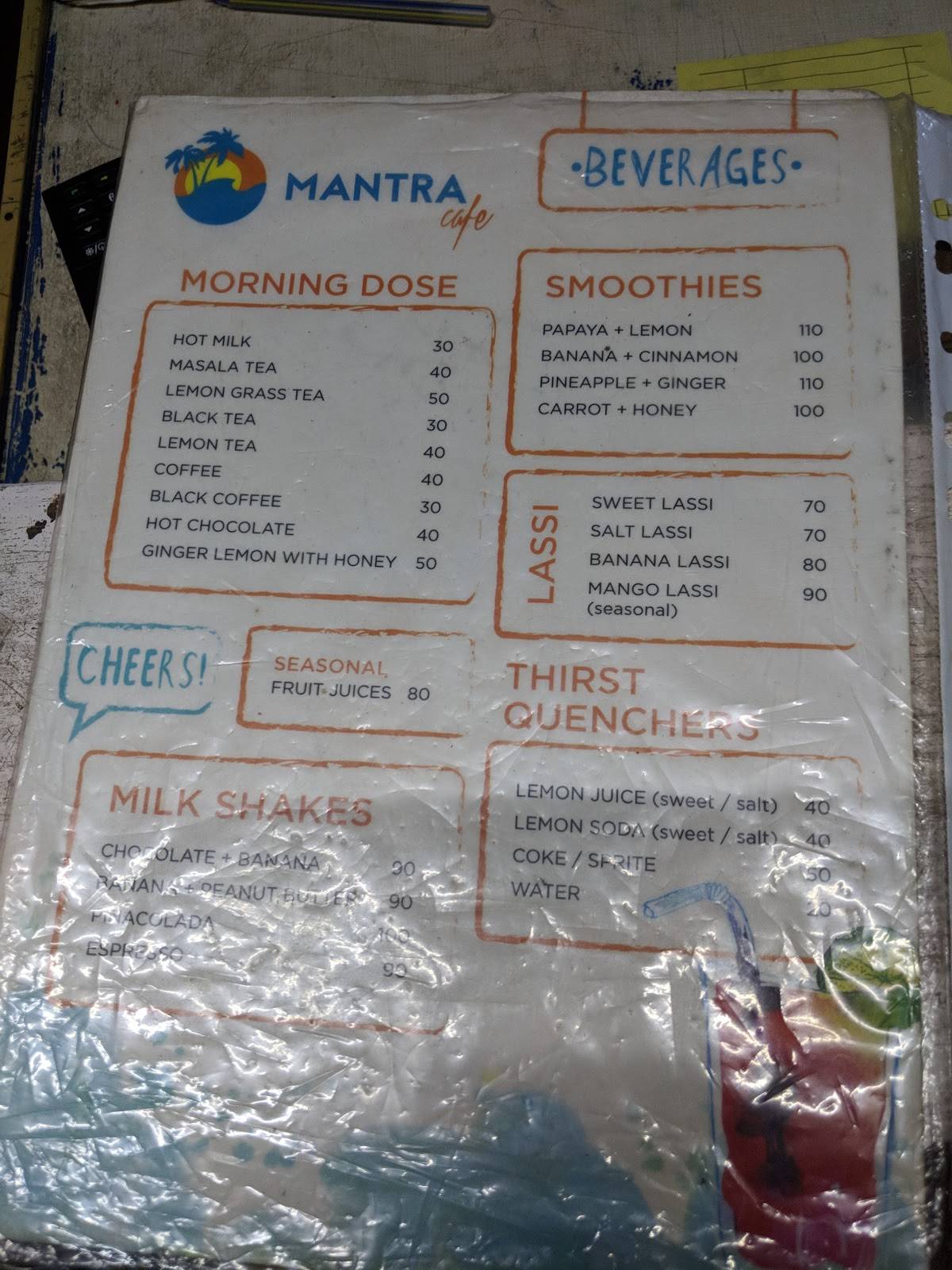 Menu at Mantra Cafe, Gokarna