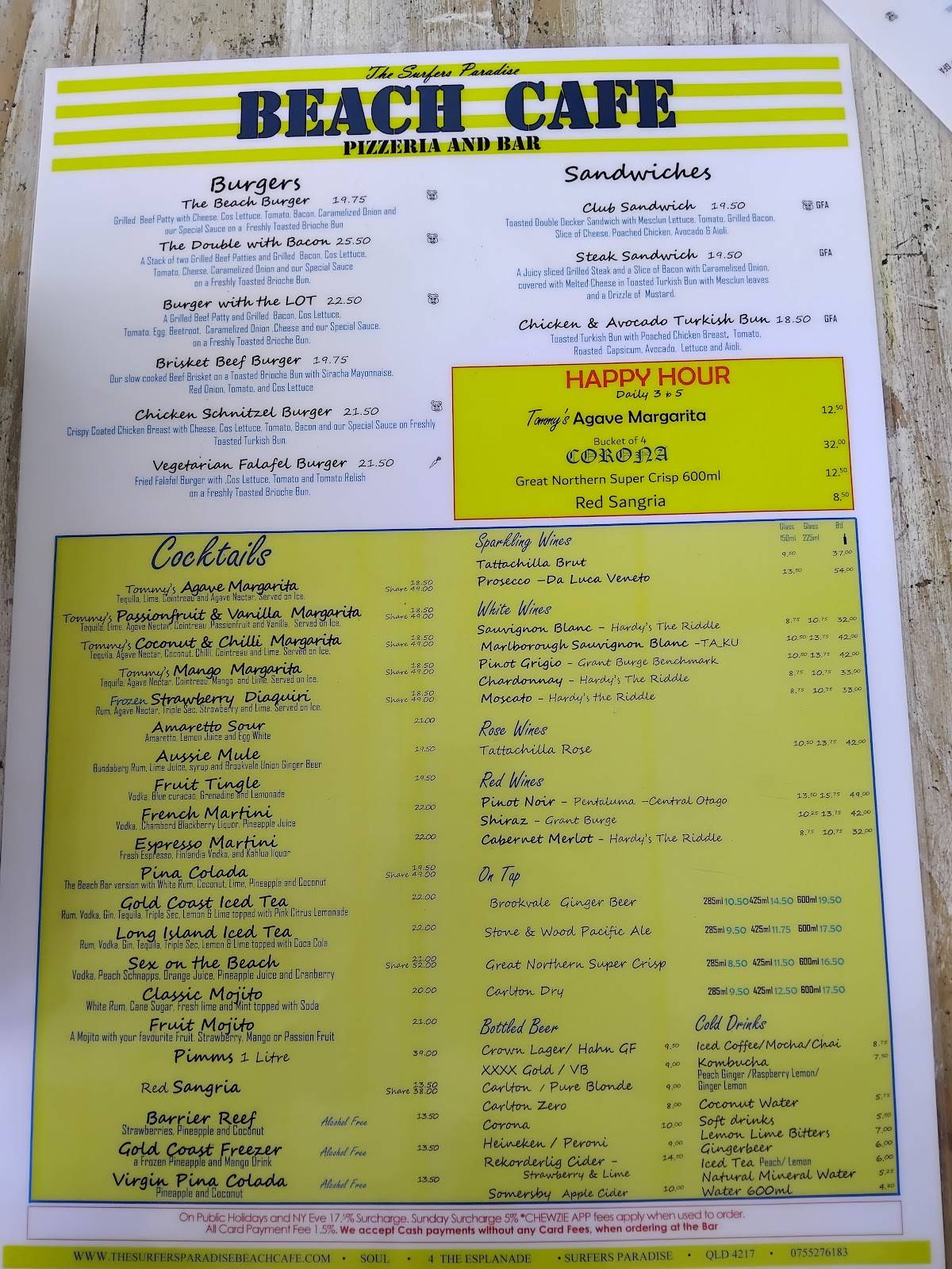 Menu at The Surfers Paradise Beach Cafe, Surfers Paradise