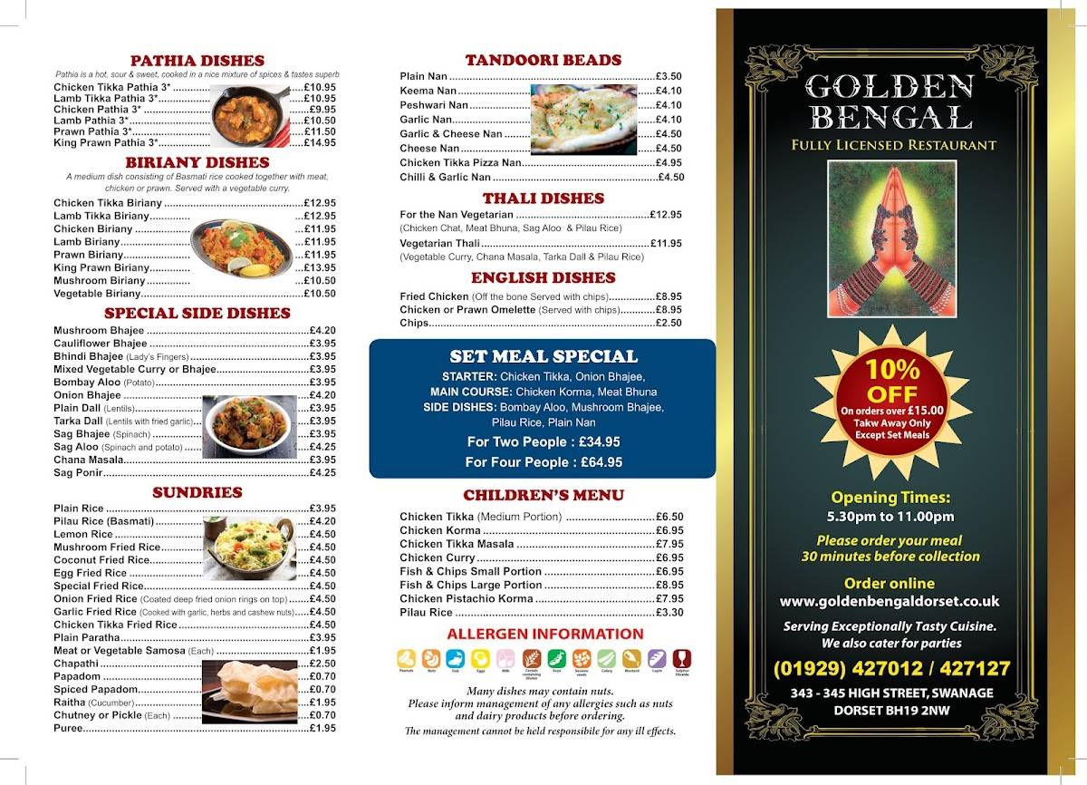 Menu at Golden Bengal restaurant, Swanage