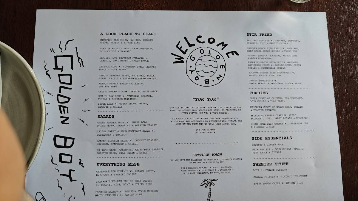 Menu at Golden Boy restaurant, Adelaide