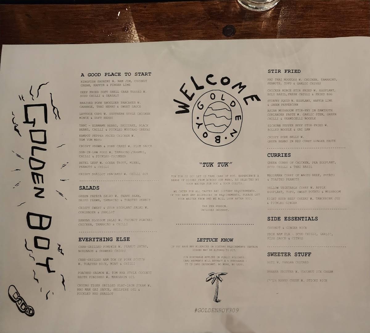 Menu at Golden Boy restaurant, Adelaide