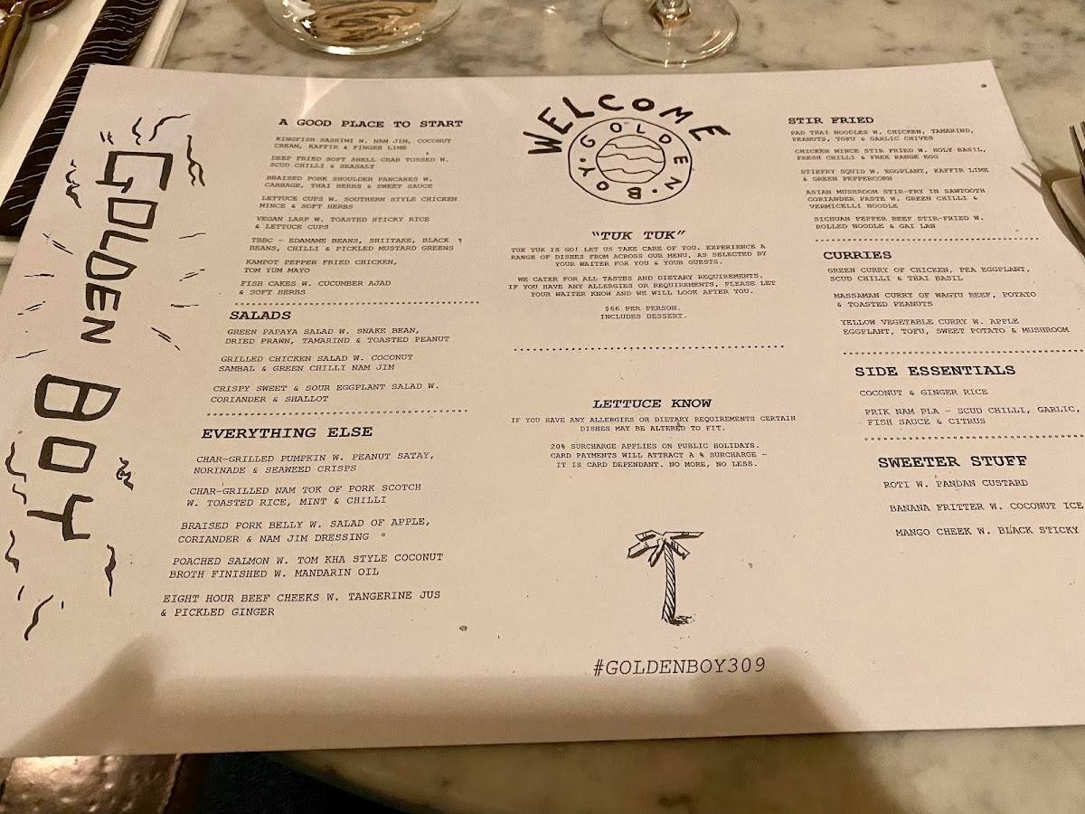 Menu at Golden Boy restaurant, Adelaide