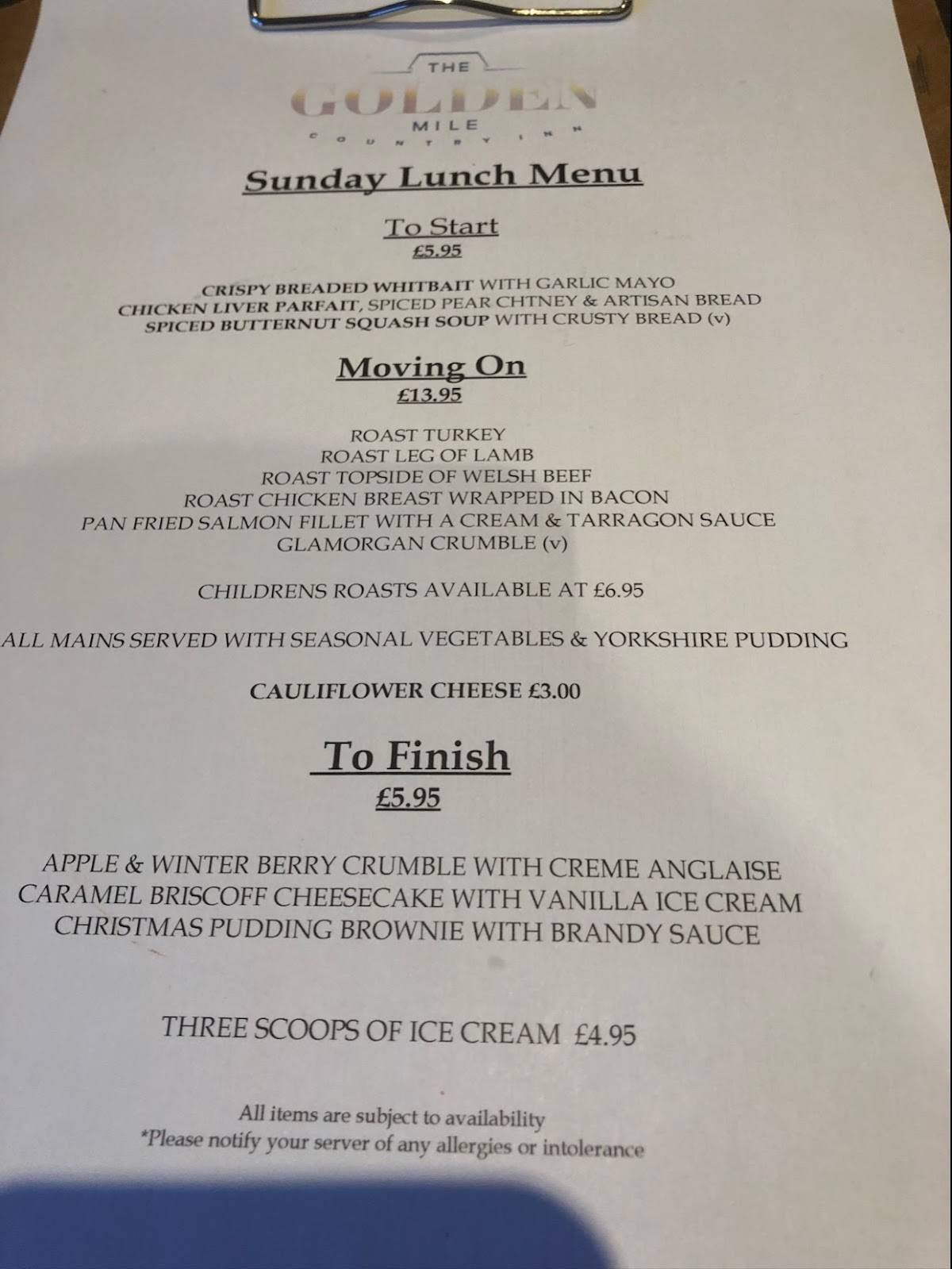 Menu at Golden Mile Inn pub & bar, Bridgend