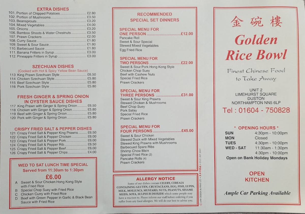 Menu at Golden Rice Bowl fast food, Northampton