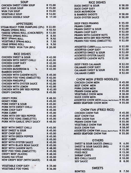 Menu at Golden Roc Noordheuwel restaurant, Krugersdorp