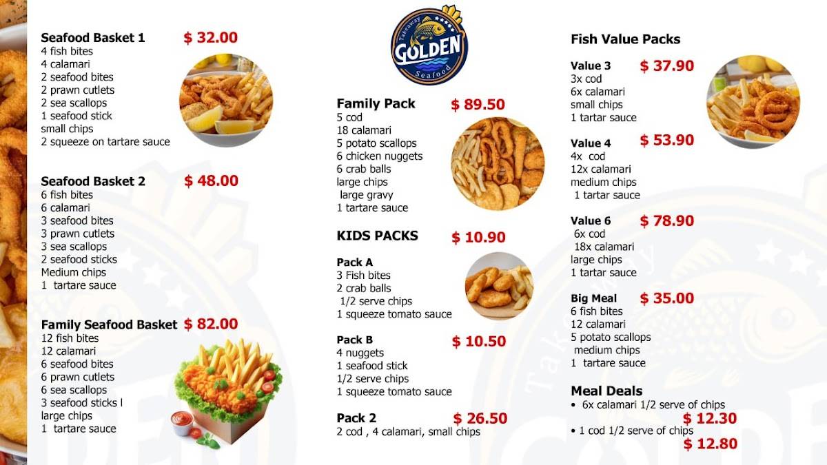 Menu at Golden Seafood Takeaway restaurant, Golden Beach, 60/62 ...