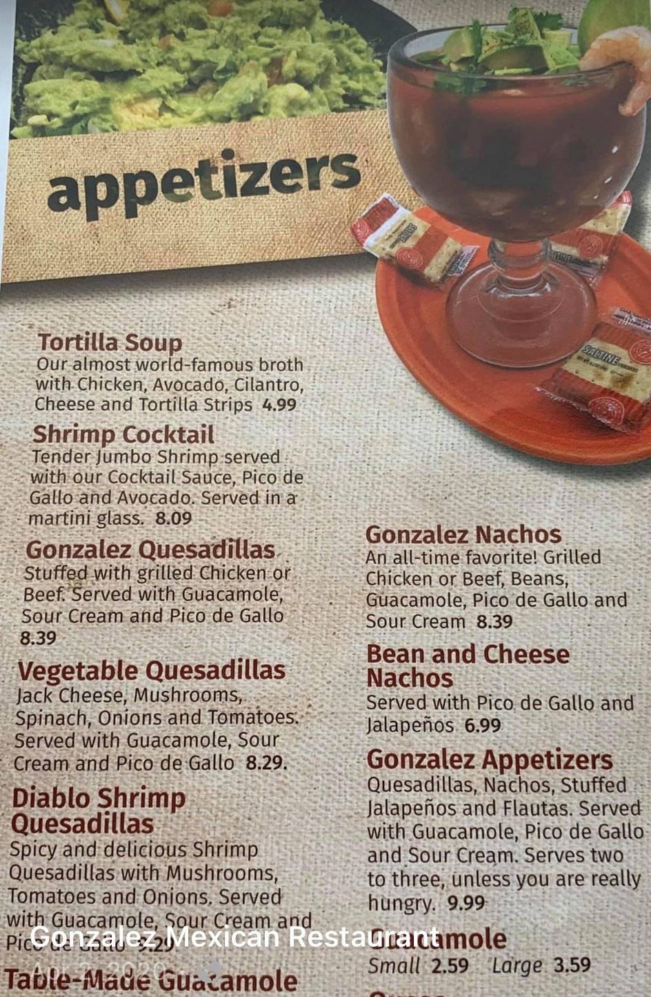 Menu at Gonzalez Mexican Restaurant, Tishomingo, 110 N Kemp Ave