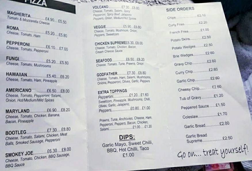 Menu at Graham’s pizzeria, Larne