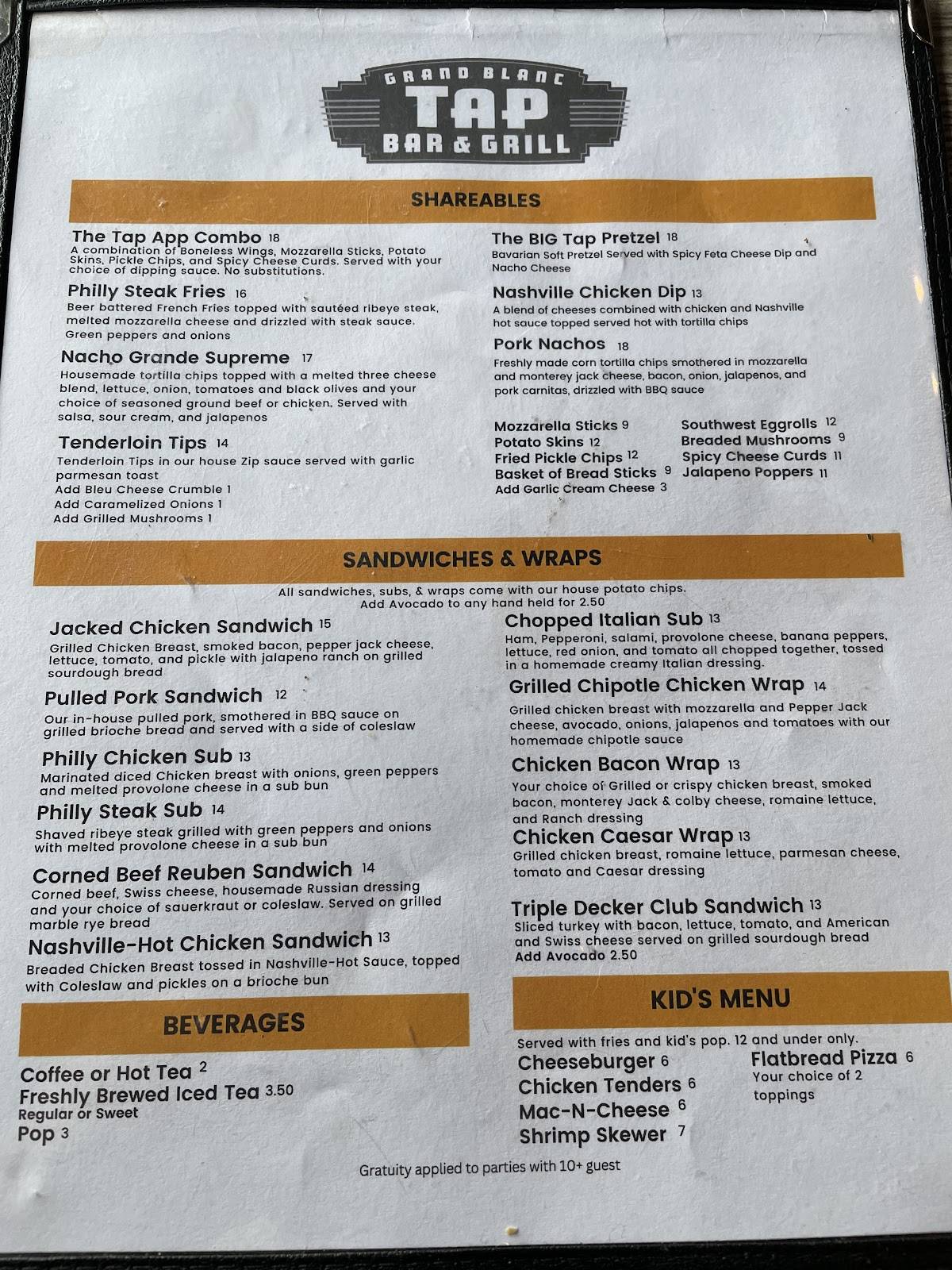 Menu at Grand Blanc Tap Bar & Grill, Grand Blanc