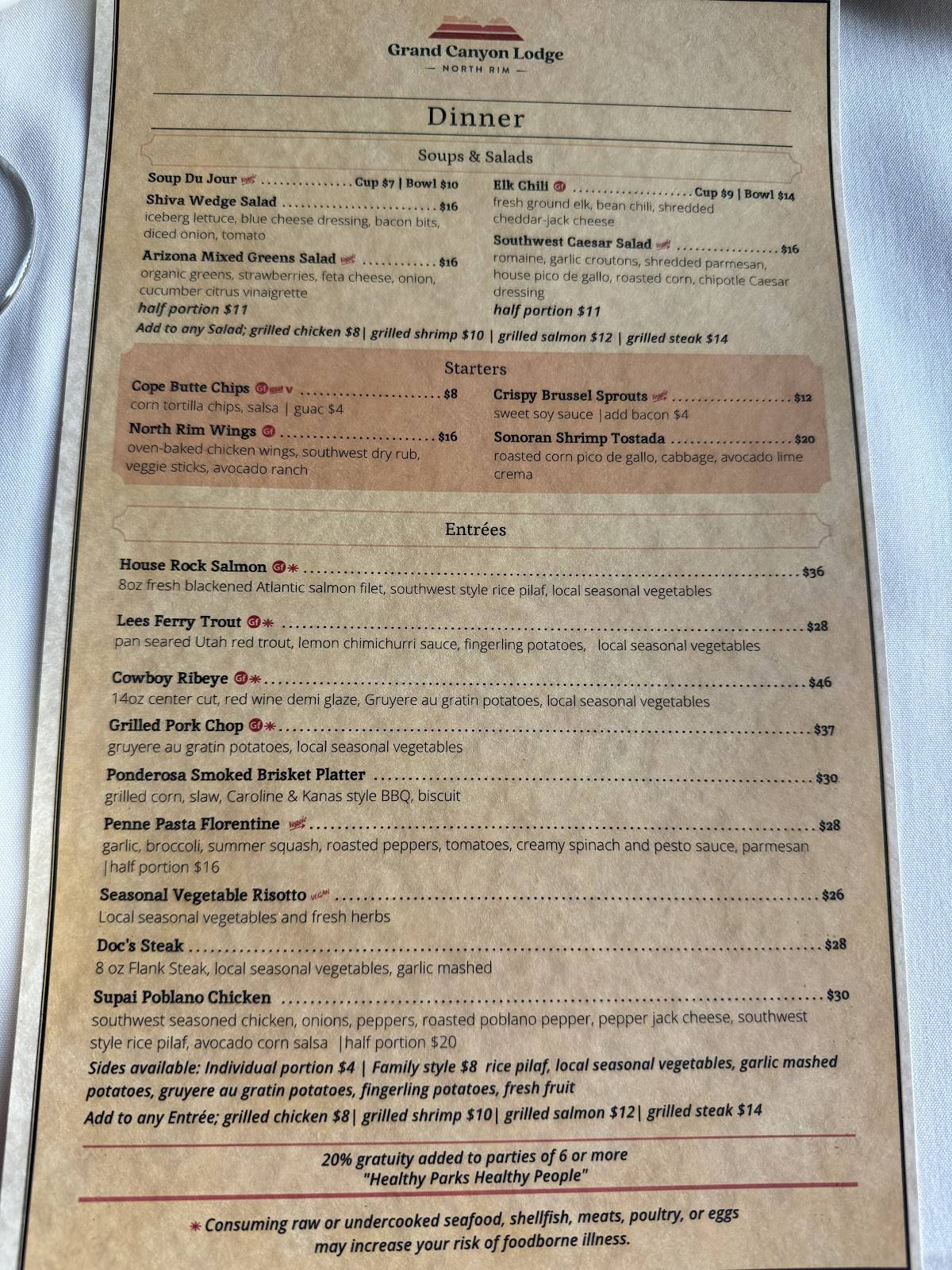 Menu at Grand Canyon Lodge Dining Room restaurant, North Rim