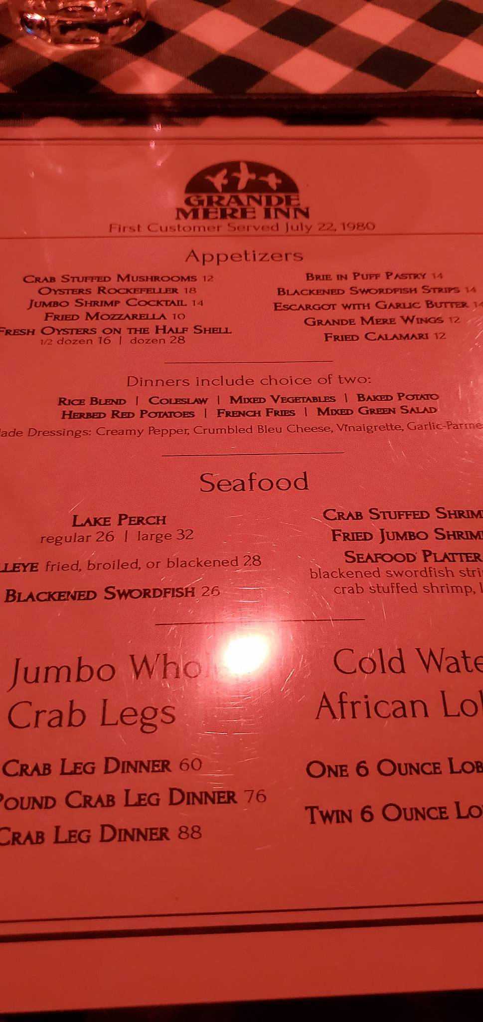 Menu at Grande Mere Inn pub & bar, Stevensville