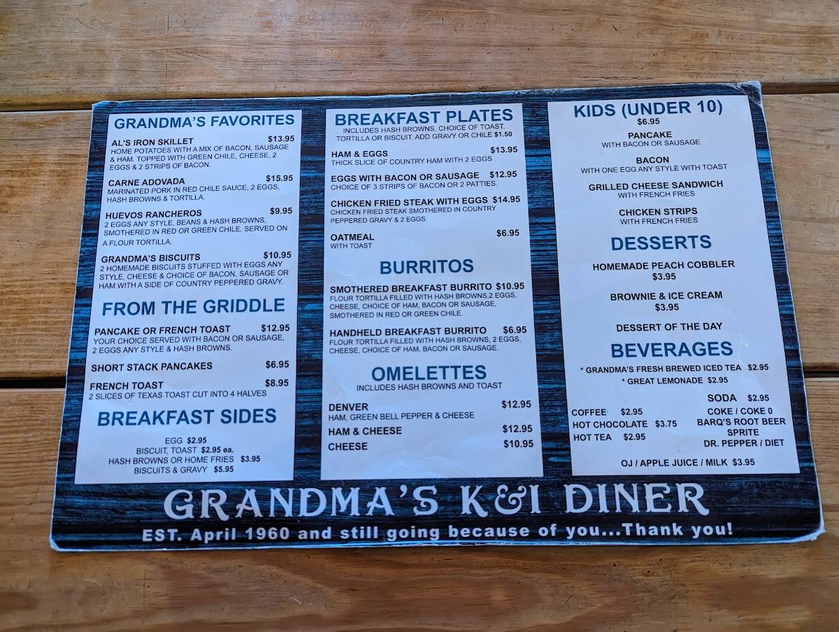 Menu at Grandma's K & I Diner restaurant, Albuquerque