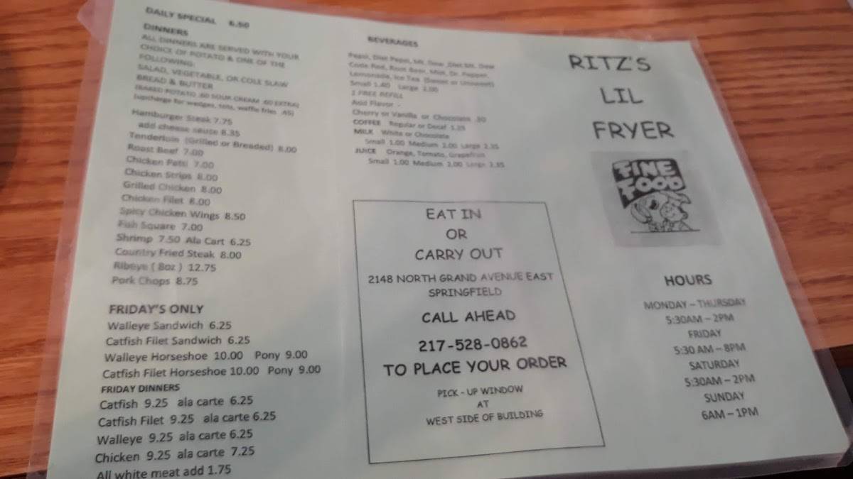 Menu at Ritz's Lil Fryer restaurant, Springfield