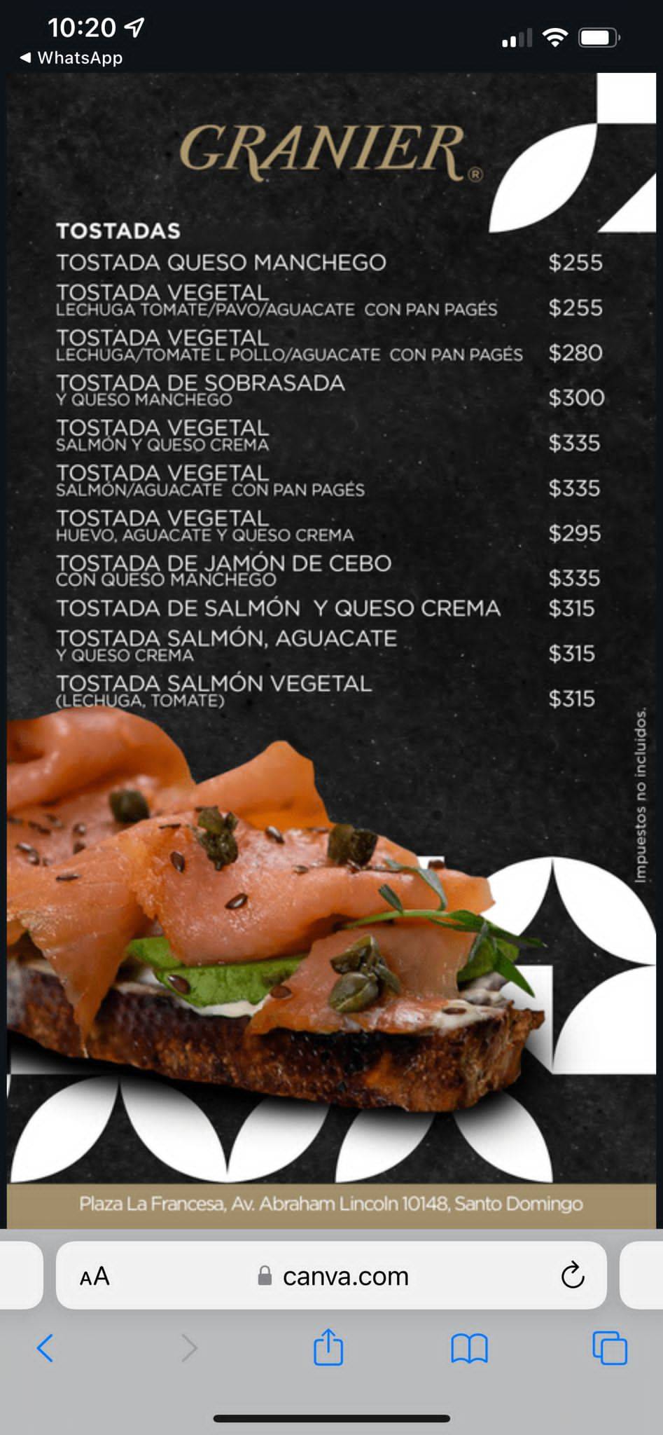 Carta del restaurante Granier, Santo Domingo