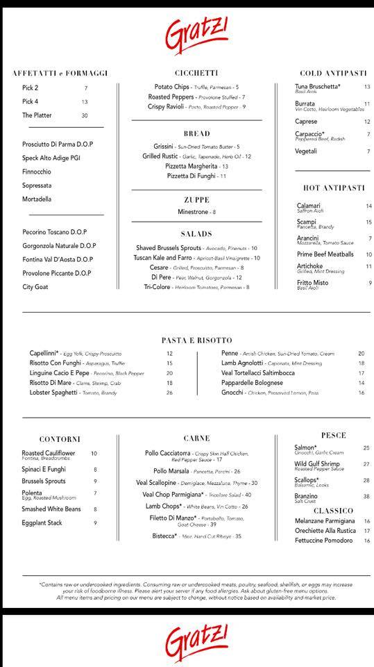 Menu at Gratzi Ann Arbor restaurant, Ann Arbor