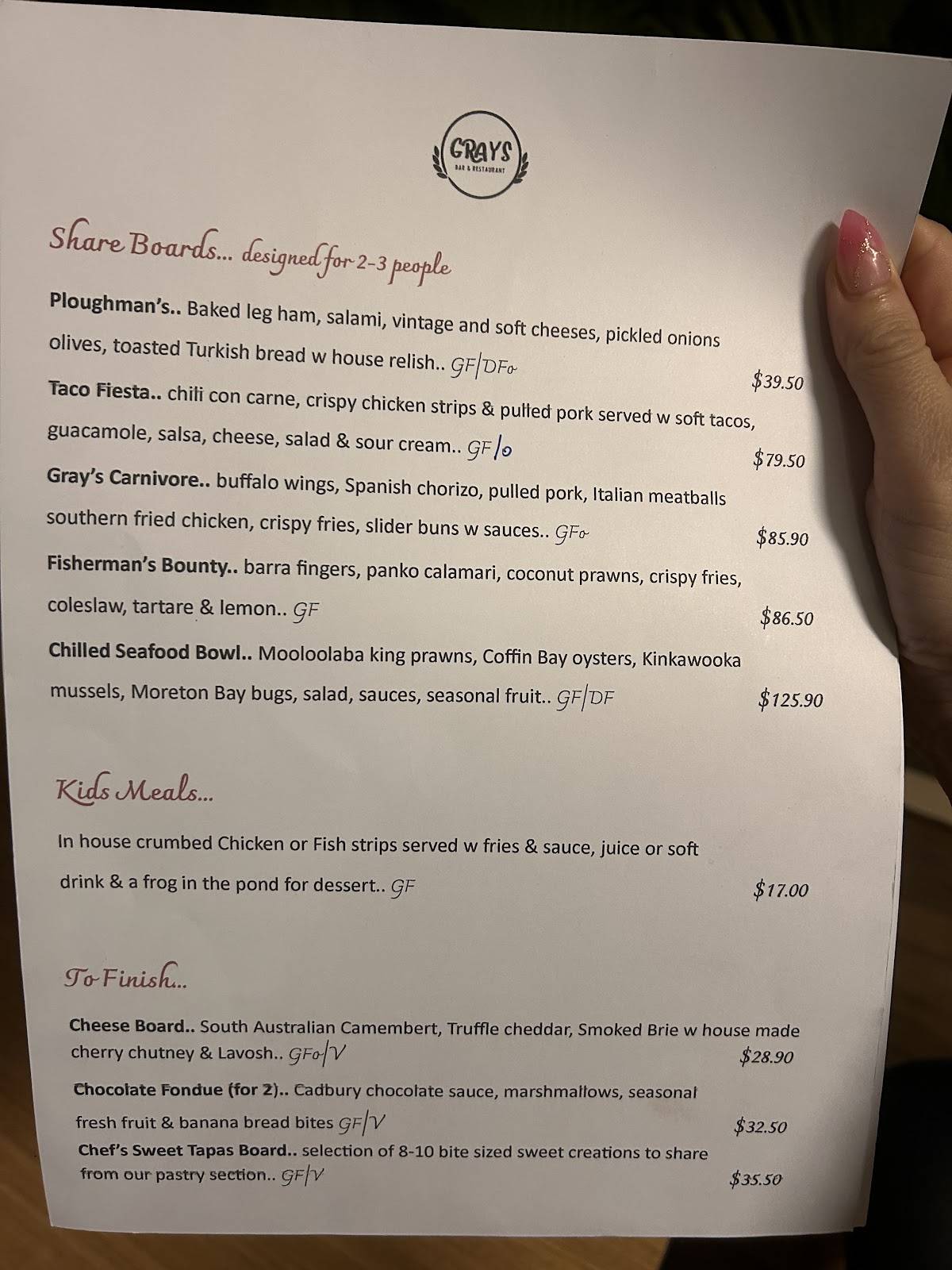 Menu at Grays Bar and Restaurant, Ipswich