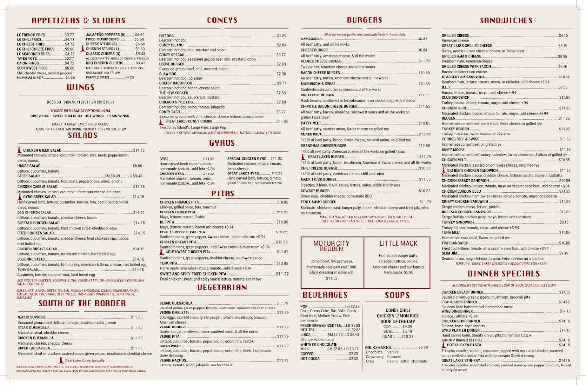 Menu at Great Lakes Coney Island restaurant, Farmington Hills