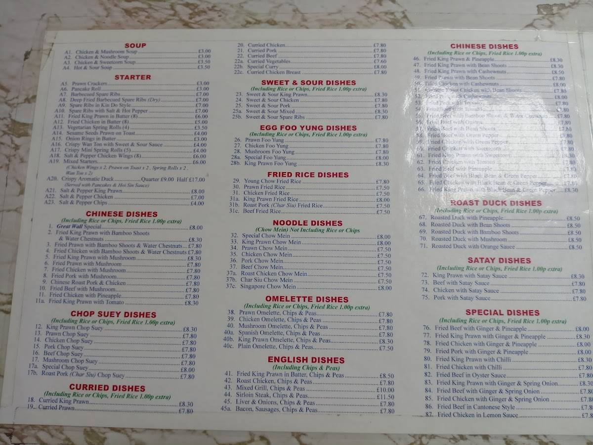 Menu at Great Wall fast food, Keighley, 161 West Ln