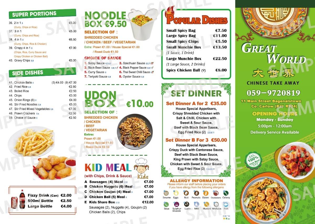 Menu at Great World Chinese Restaurant & Take Away, Muine Bheag