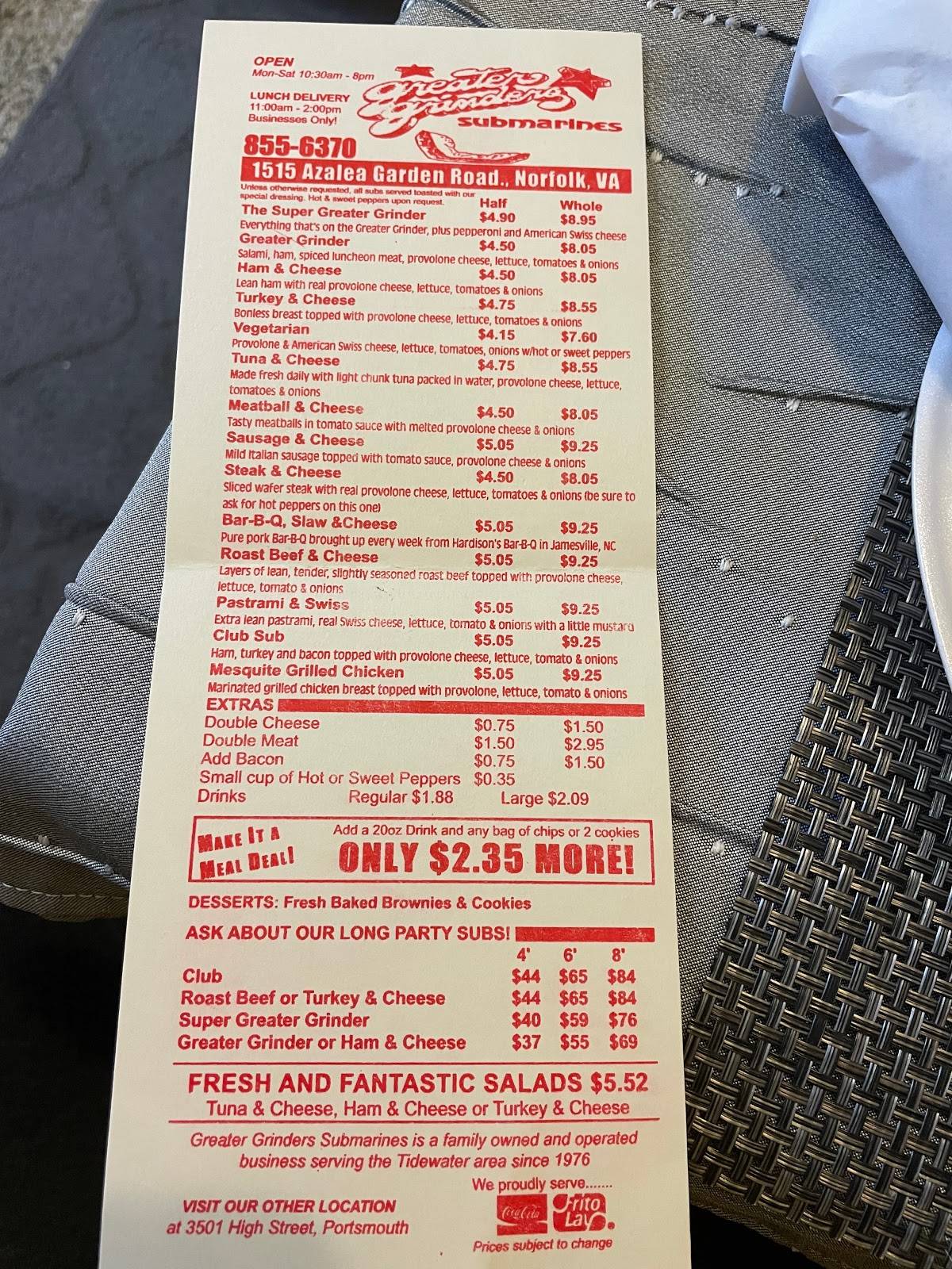 Menu at Greater Grinders Submarines restaurant, Norfolk, Azalea Garden Rd