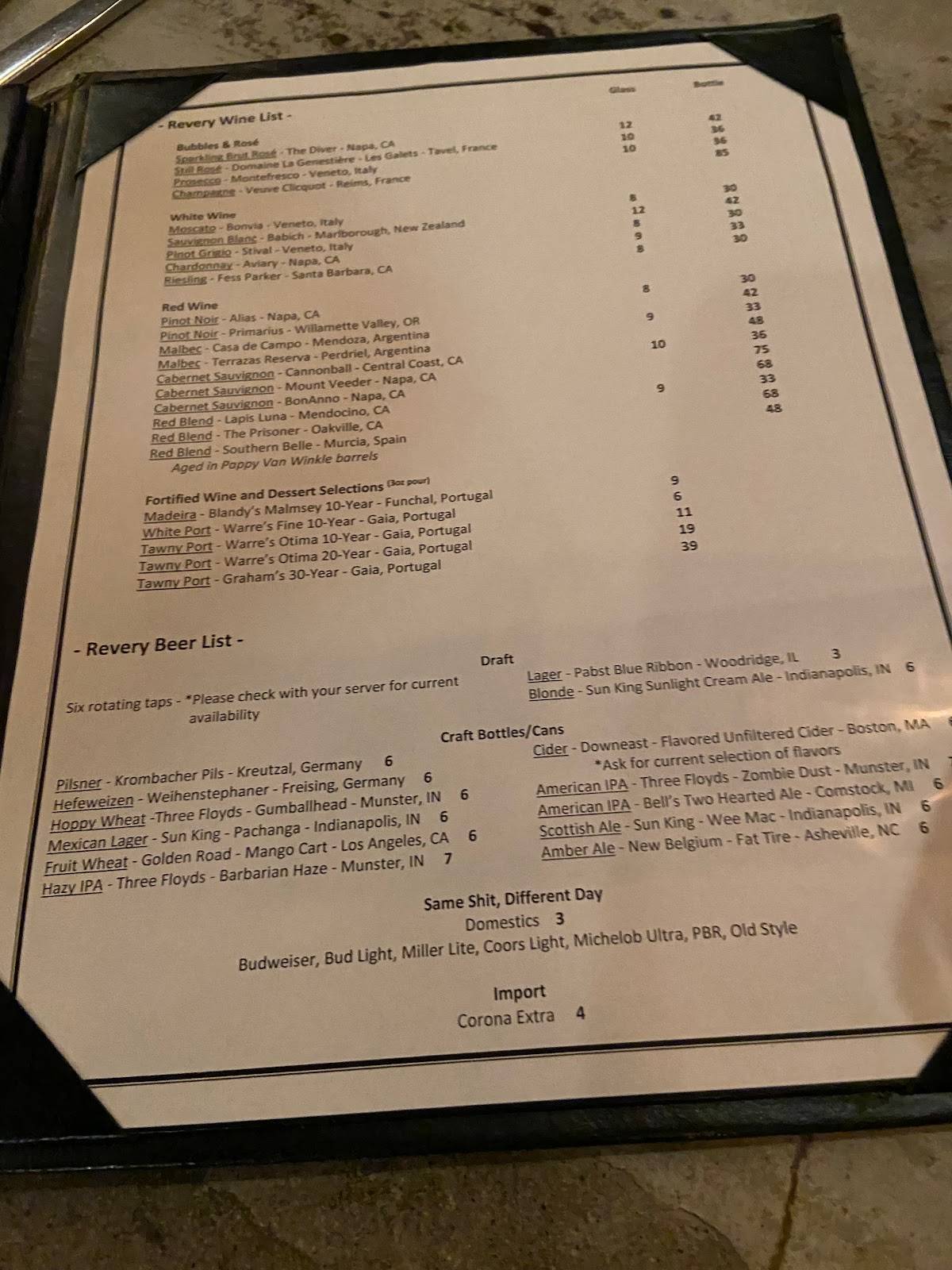 Menu at Revery restaurant, Greenwood