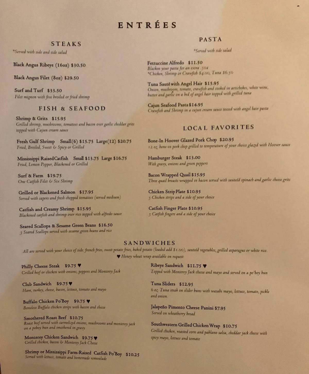 Menu at Webster's restaurant, Greenwood