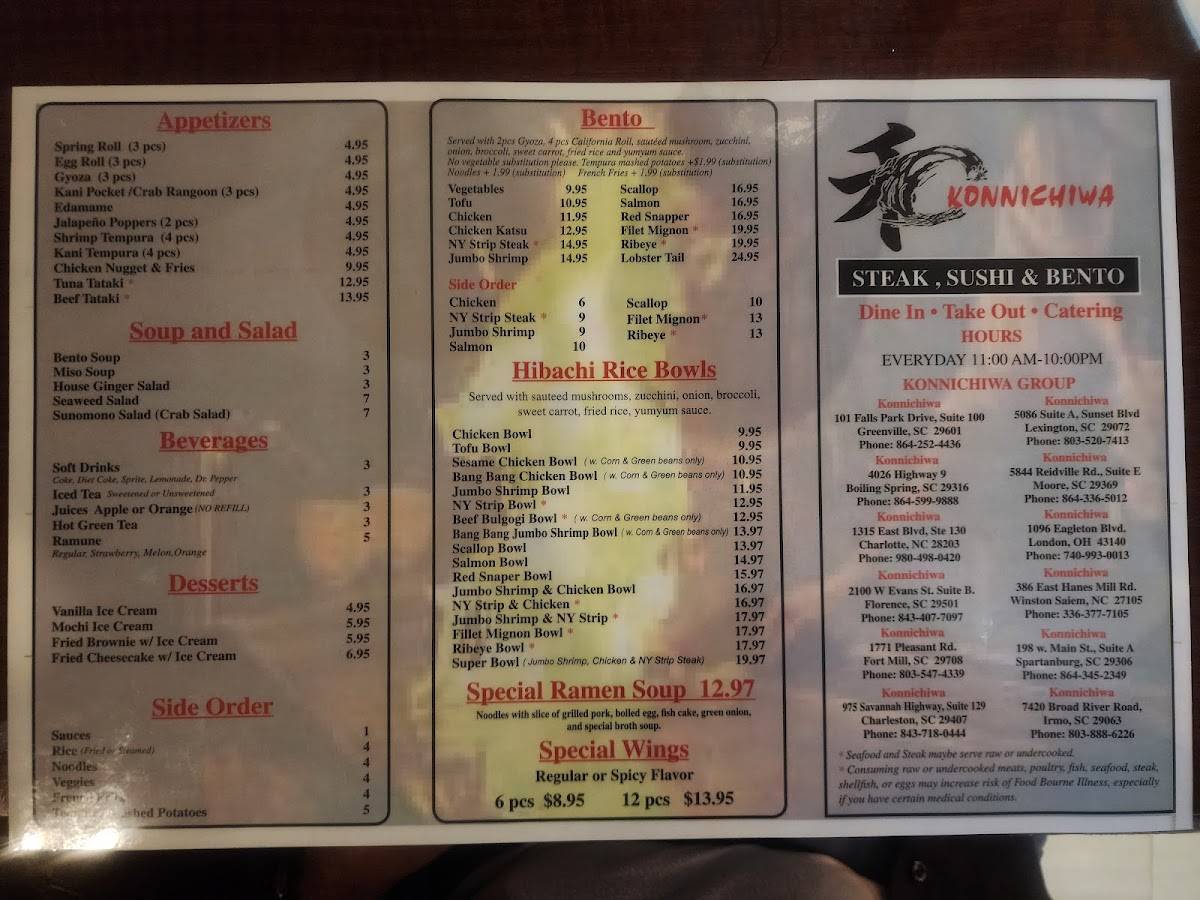 Menu at Konnichiwa restaurant, Greer