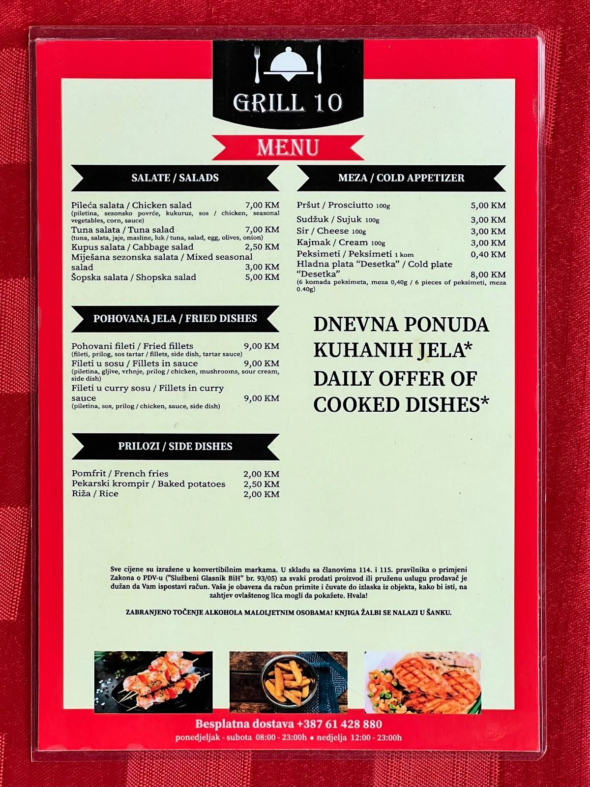Menu at Grill 10 restaurant, Mostar