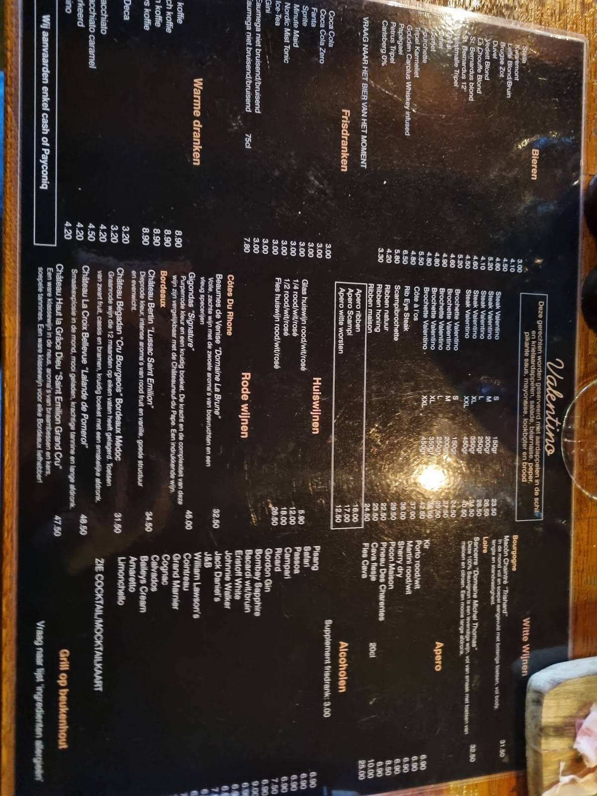 Menu at Grill Valentino, Veurne