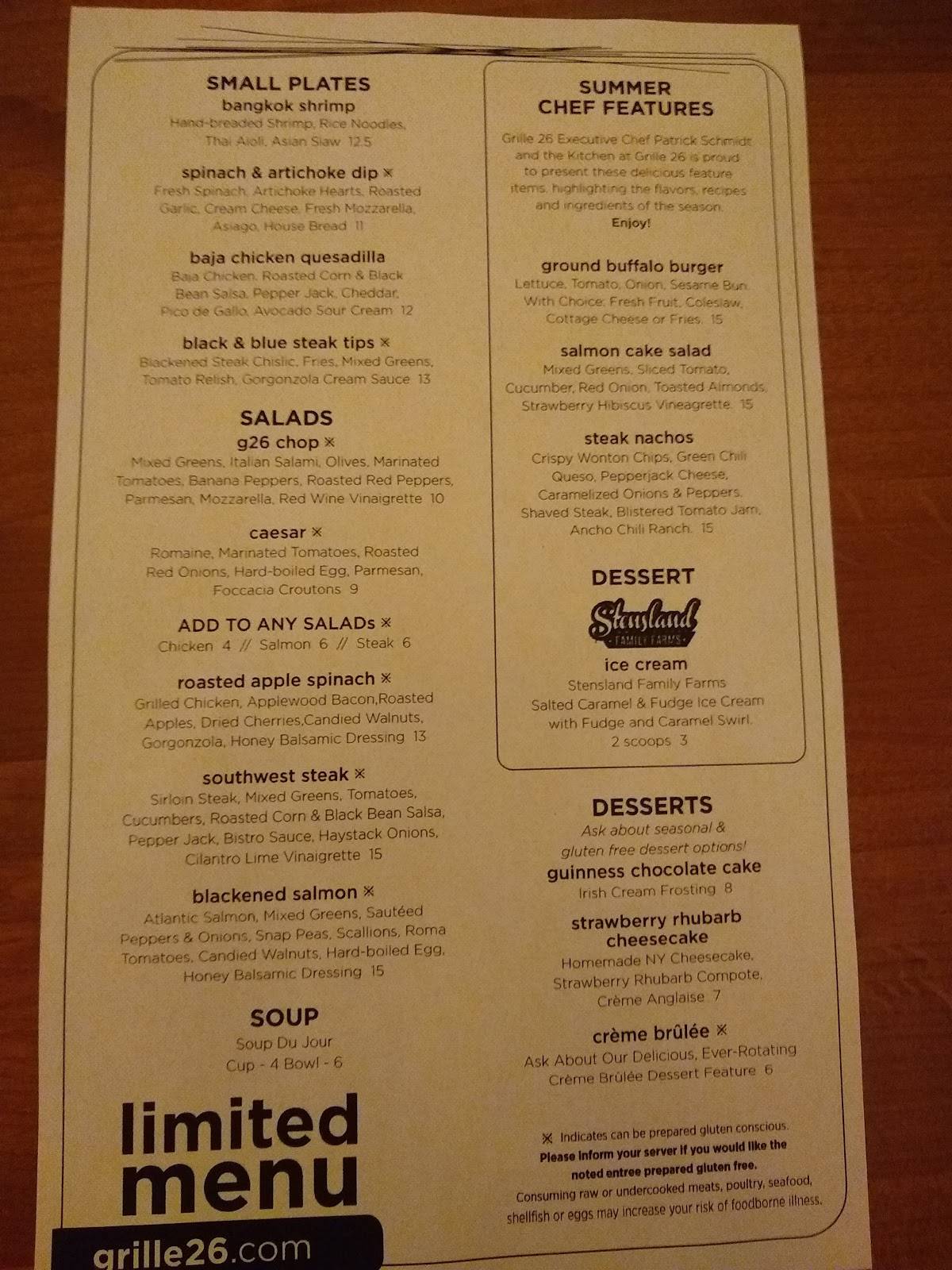 Menu at Grille 26 pub & bar, Sioux Falls, S Western Ave