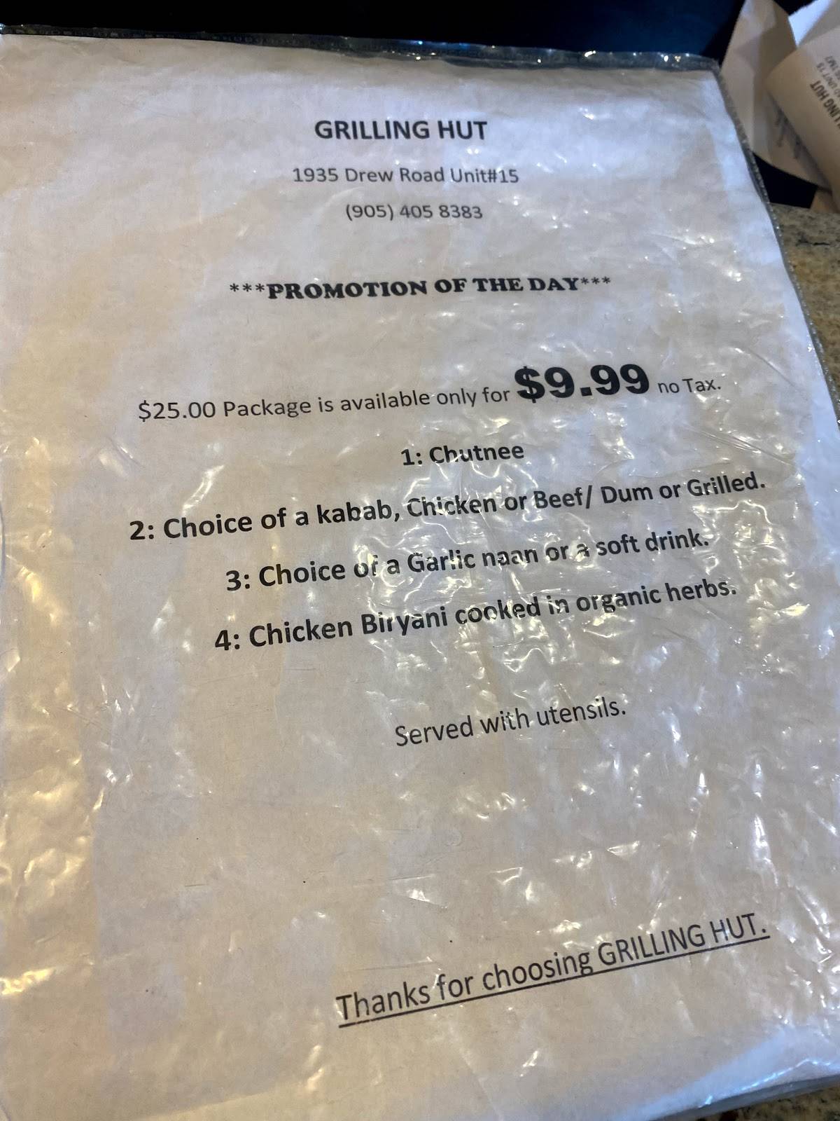 Menu at Grilling Hut steakhouse, Mississauga, Drew Rd