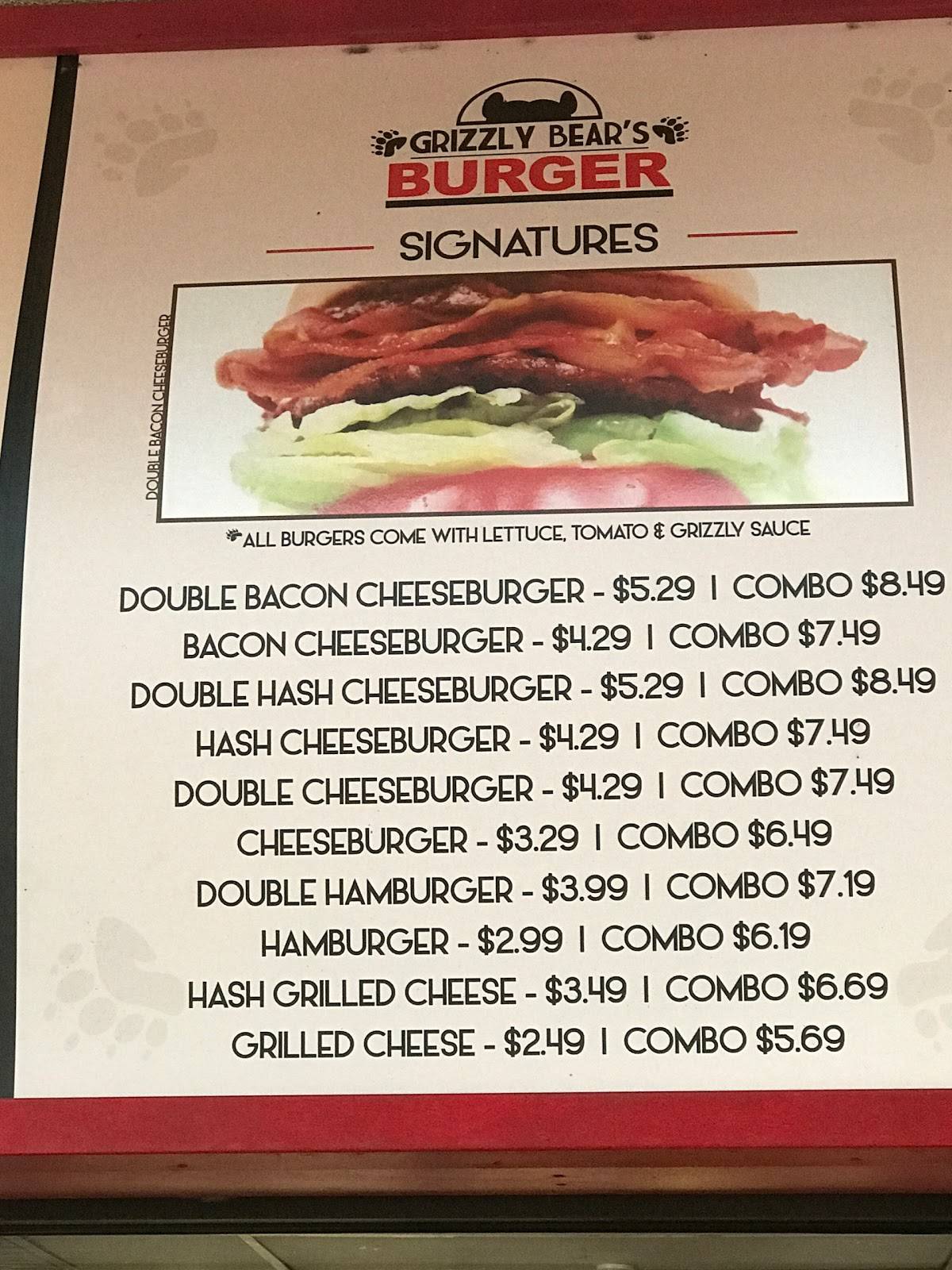 Menu at Grizzly Bear's Burger restaurant, Acton