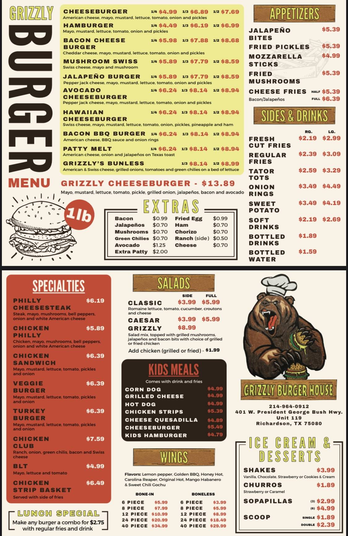 Menu at Grizzly Burger House restaurant, Savoy, 106 E Hayes St