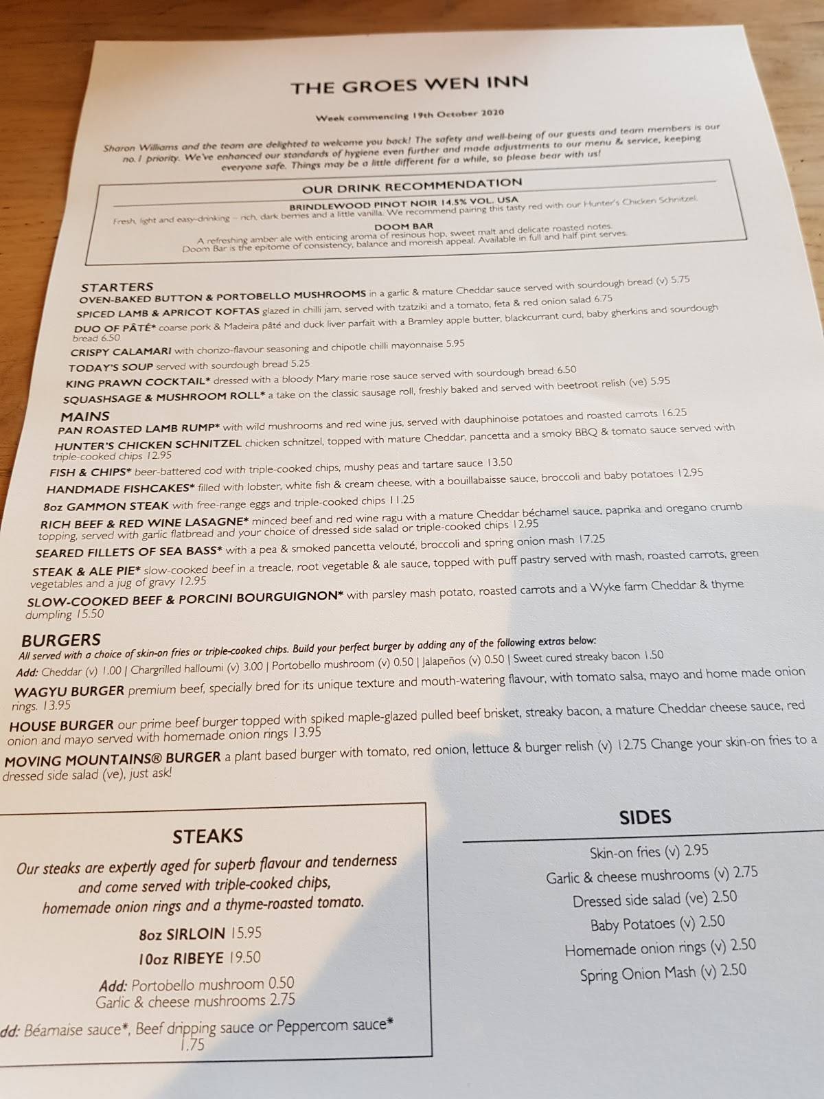 Menu at Groes Wen Inn Penhow Newport pub & bar, Langstone